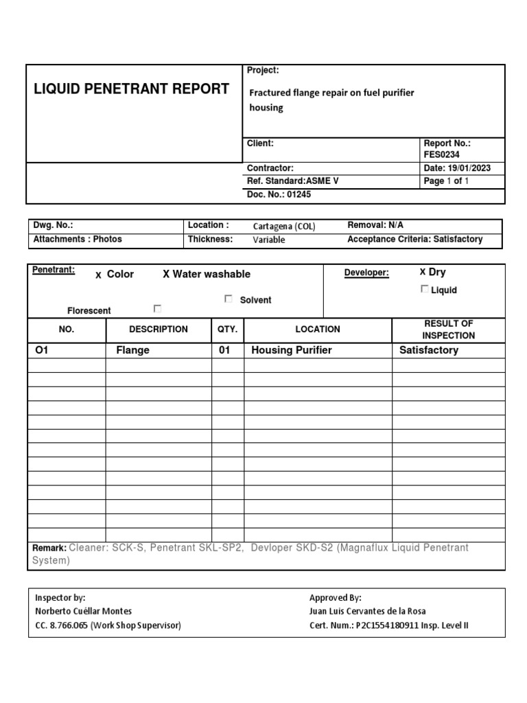 Liquid Penetrant Inspection Report | PDF | Technology & Engineering