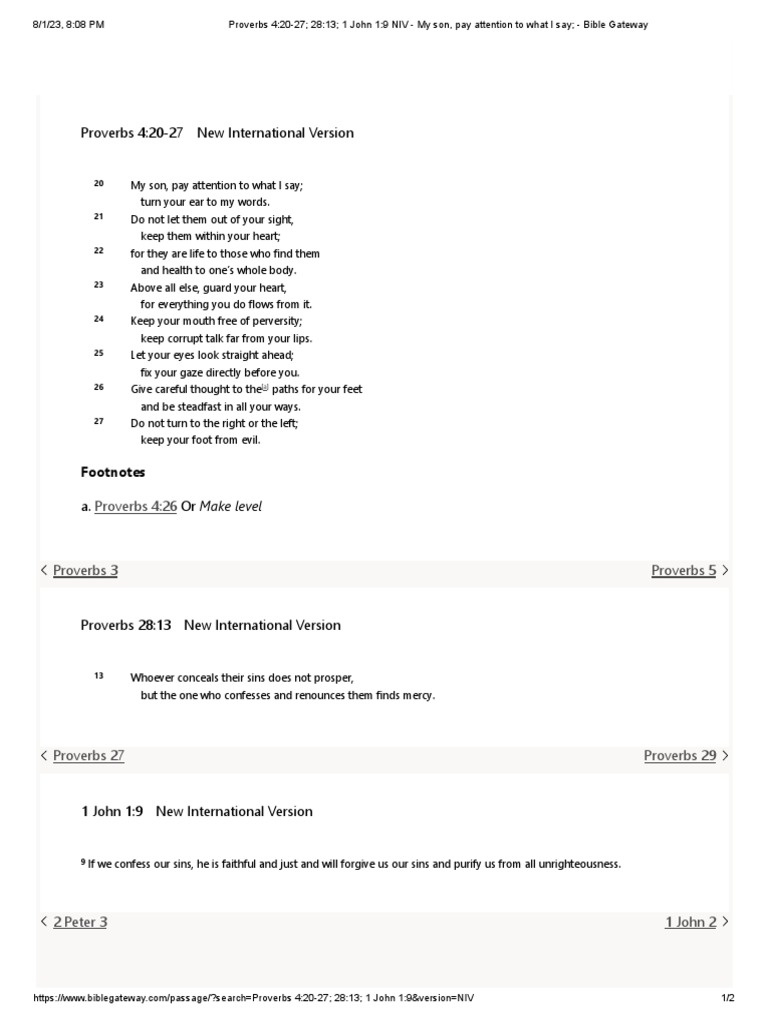 Proverbs 4 - 20-27 28 - 13 1 John 1 - 9 NIV - My Son, Pay Attention To ...