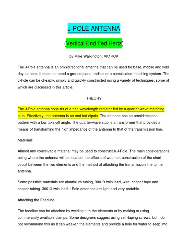 Antenna - End Fed J-Pole Antenna (By Mike Walkington VK1KCK) | PDF ...