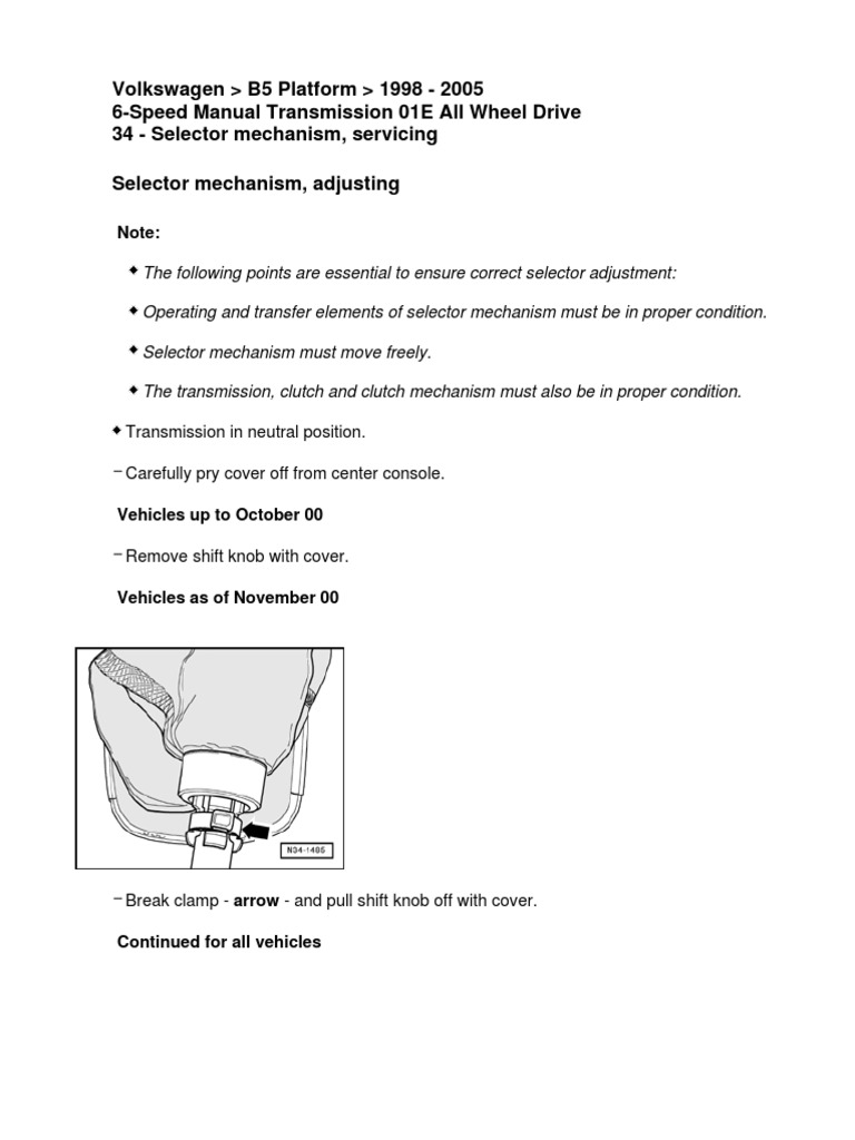 VW 01E Manual Shift Linkage Adjustments | PDF