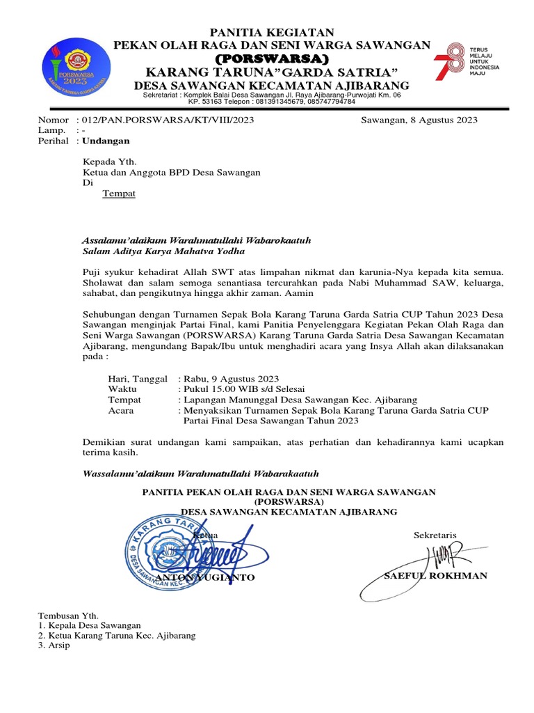 Surat Undangan Partai Final Turnamen Sepak Bola Untuk BPD | PDF