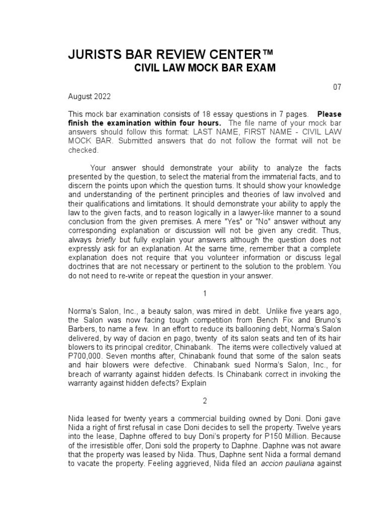 Jurists Civil Law Mock Bar Examination | PDF Jurists Civil Law Mock Bar Examination | PDF
