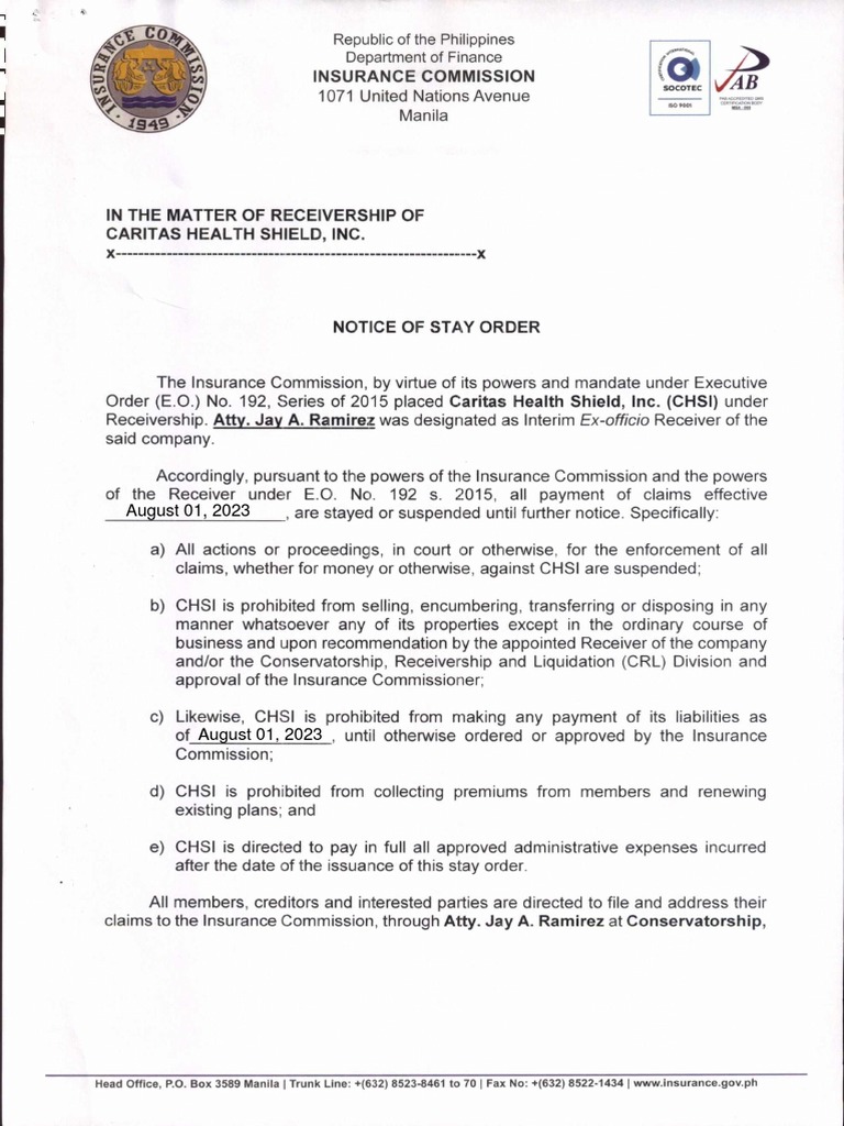 Notice of Stay Order Caritas Health Shield Inc. CHSI | PDF