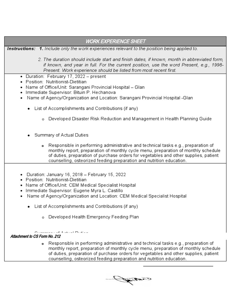 CS Form No. 212 Attachment - Work Experience Sheet | PDF