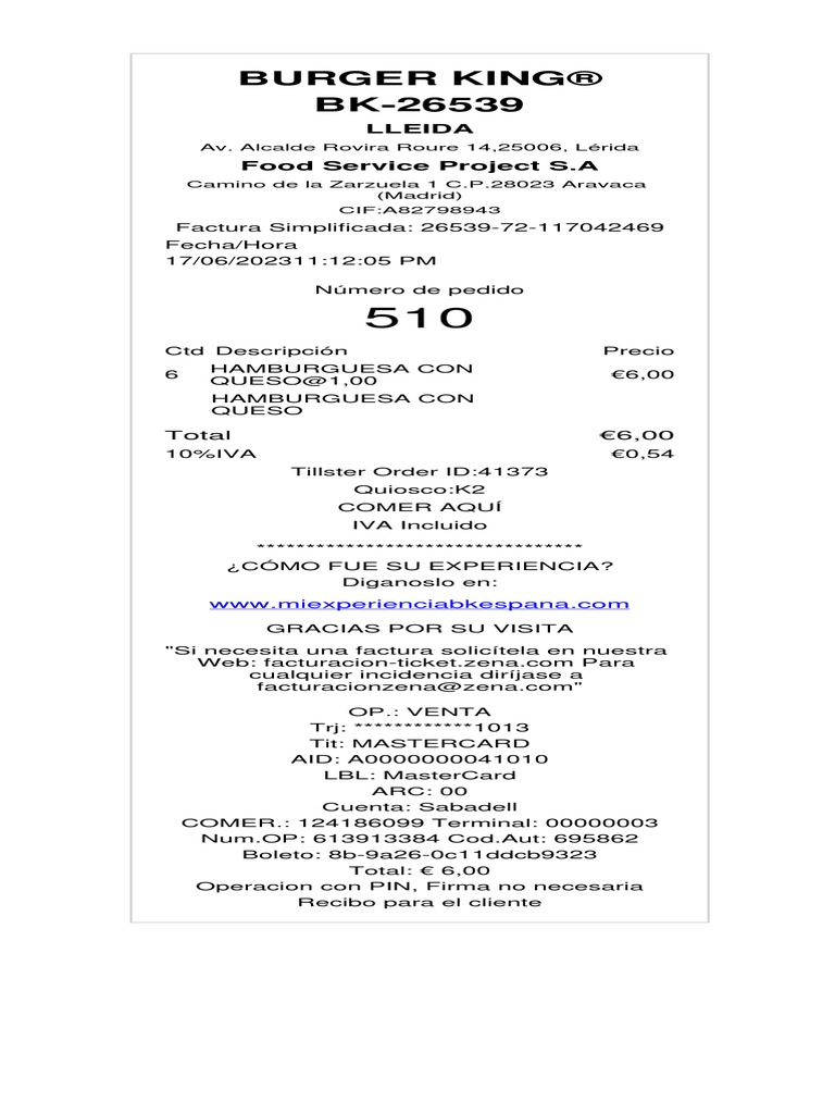 Burger+King Ticket N 510 231239 | PDF