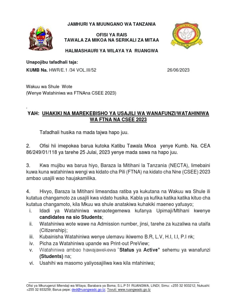 Barua - Uhakiki Usajili Ftna Na Csee-2023 | PDF