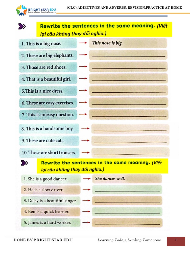 (CLC) ADJECTIVES AND ADVERBS. Revision. Practice at Home | PDF