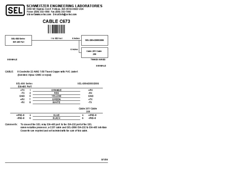 Cable C673: SEL-500 Series EIA-485 Port 6 Inches 1 To 100 Feet SEL-2884 ...