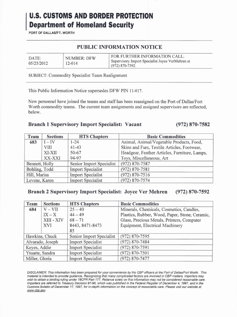 CBP/DFW Import Specialist Team Contact List | PDF | U.S. Customs And ...