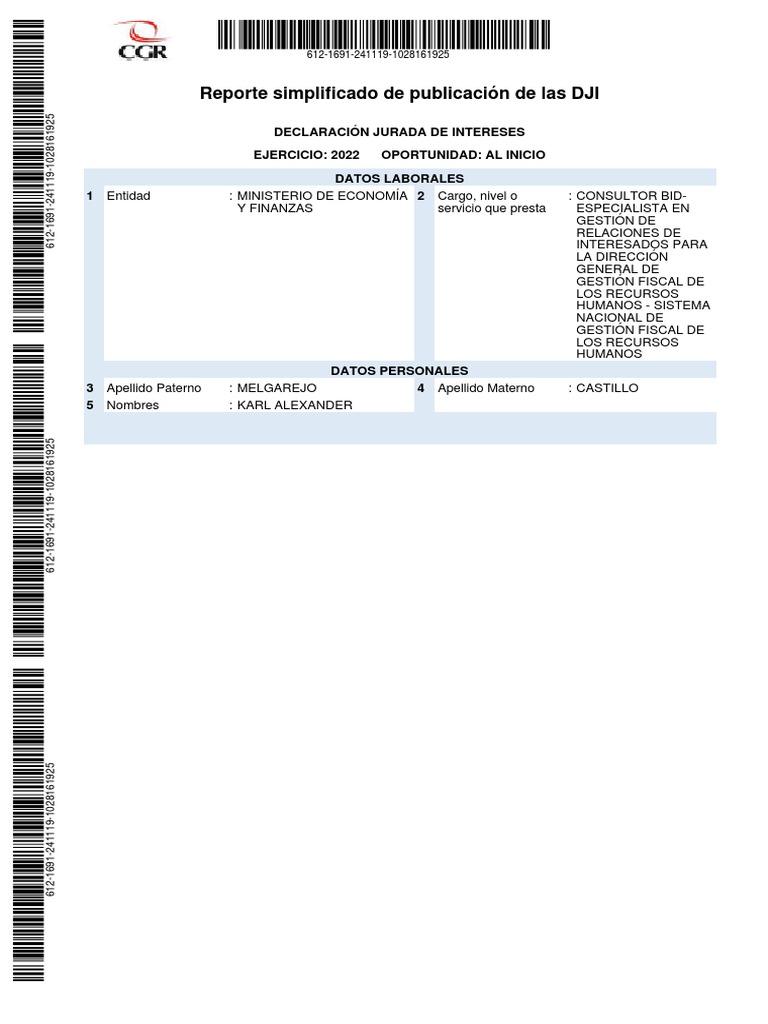 Karl Alexander Melgarejo Castillo - Declaración Jurada de Interes | PDF