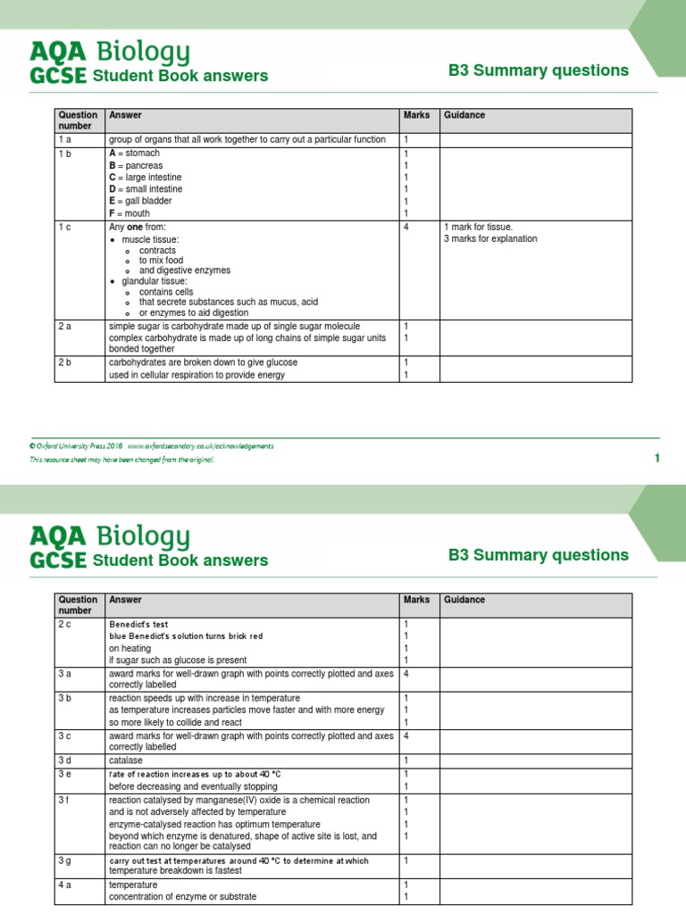 AQA_Biology_GCSE_Combined_B3_Summary_Answers | PDF | Enzyme | Carbohydrates