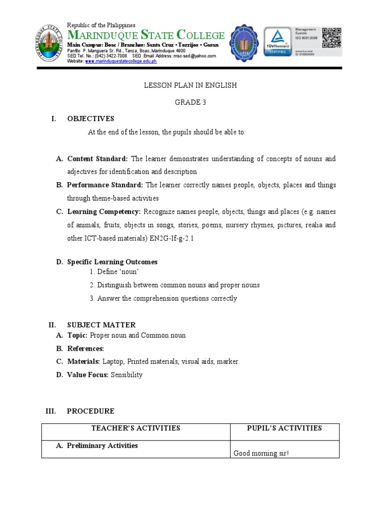 Lesson Plan - Noun - Common Nouns and Proper Nouns | PDF