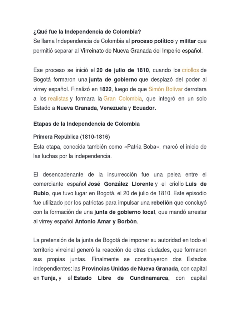 Independencia de Colombia para Niños | PDF | Conflictos | Antiguas ...