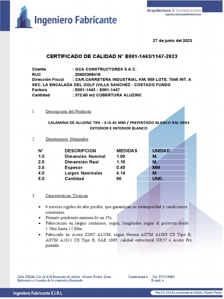 Certificado de Calidad - E1443-1447-2023 Gca Constructores S.A.C. | Descargar gratis PDF ...
