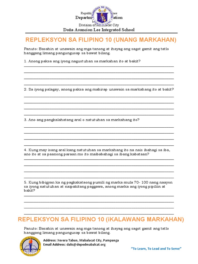 Repleksyon Portfolio Sa Filipino 10 | PDF