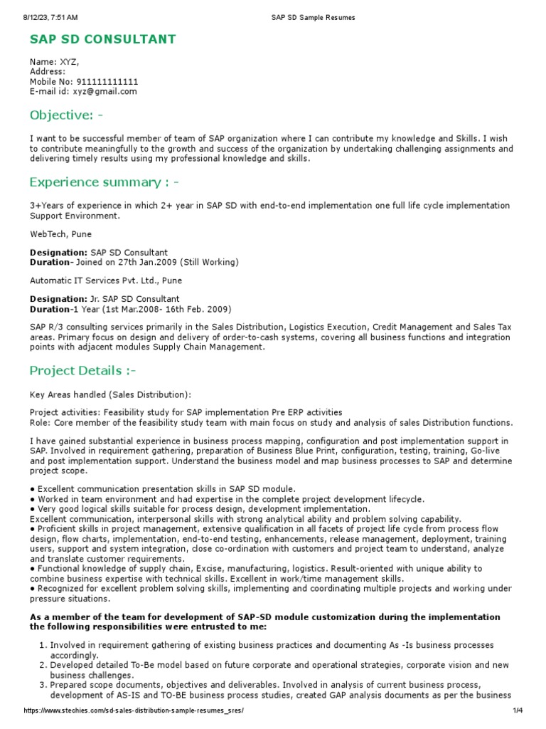 SAP SD Sample Resumes | PDF