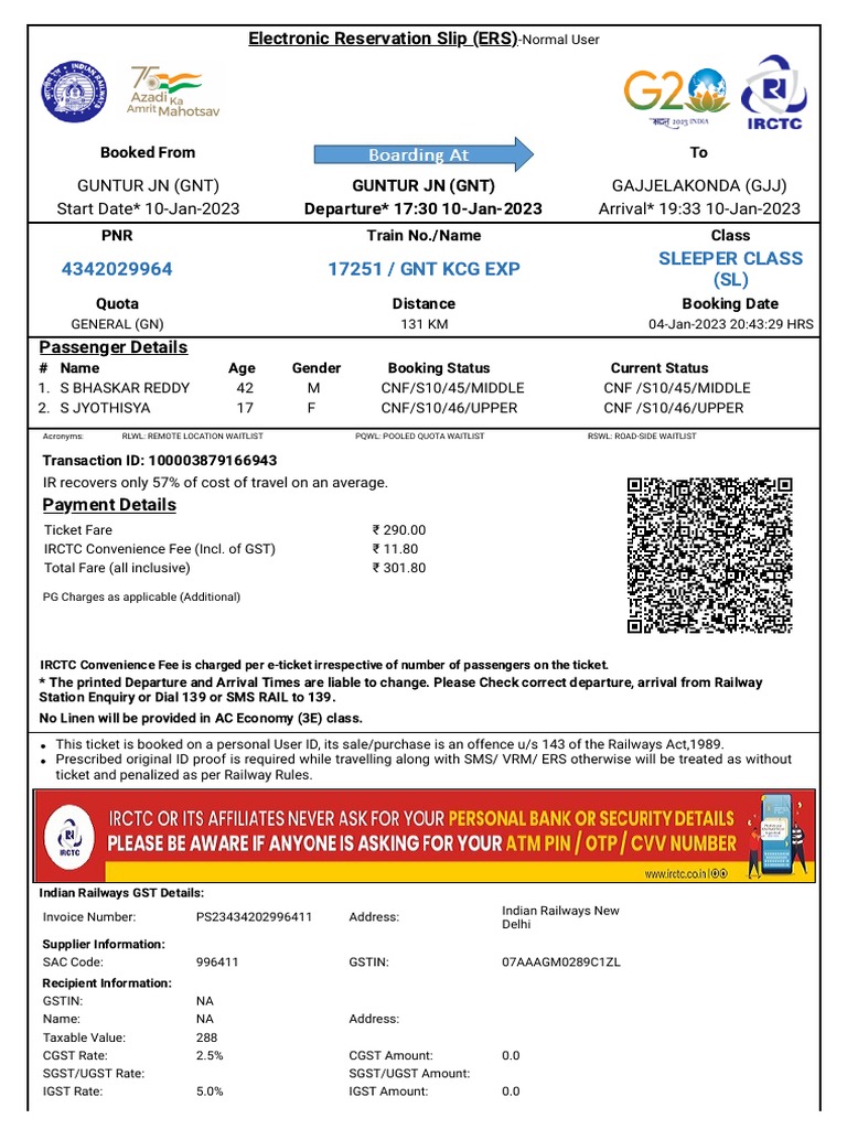 GNT KCG Exp Sleeper Class (SL) | PDF | Identity Document | Payments