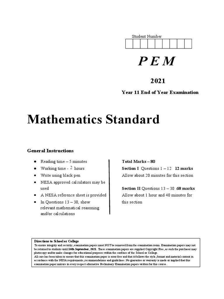 PEM 2021 Mathematics Standard Preliminary Examination Paper | PDF