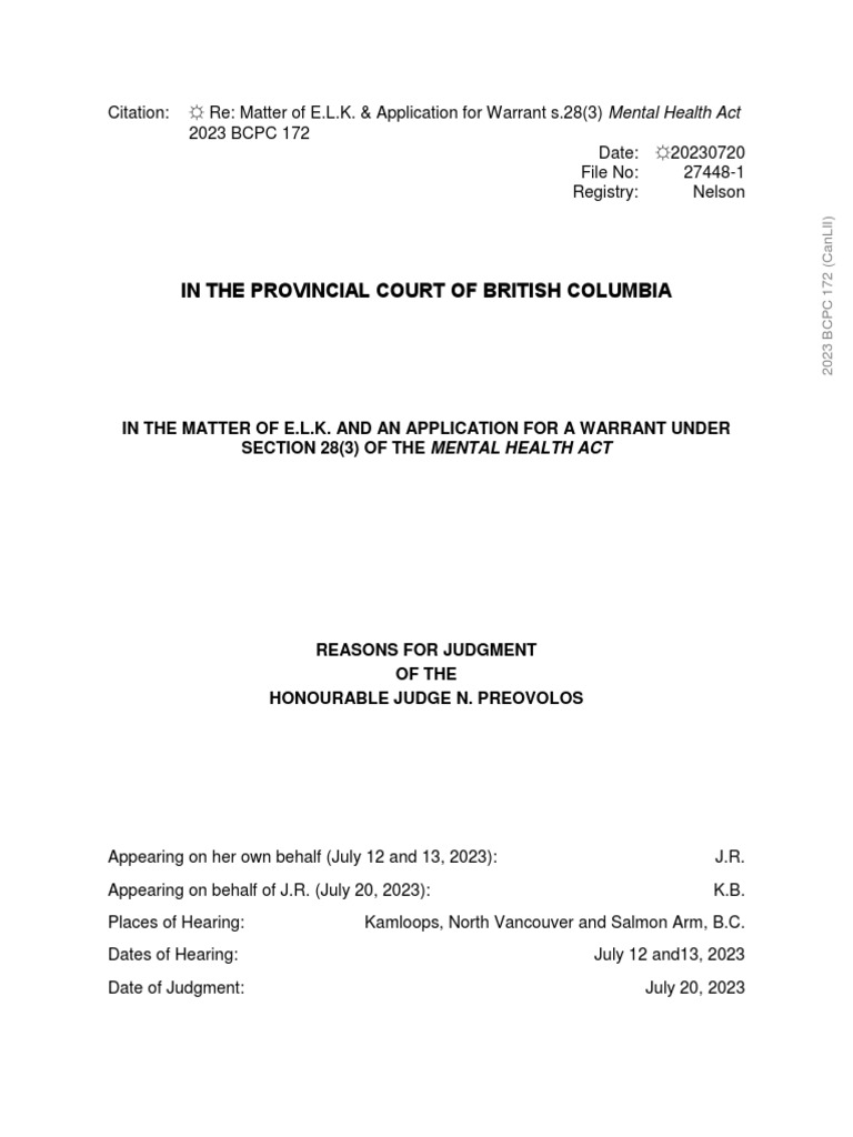 2023 BCPC 172 | PDF | Mental Disorder | Psychiatry