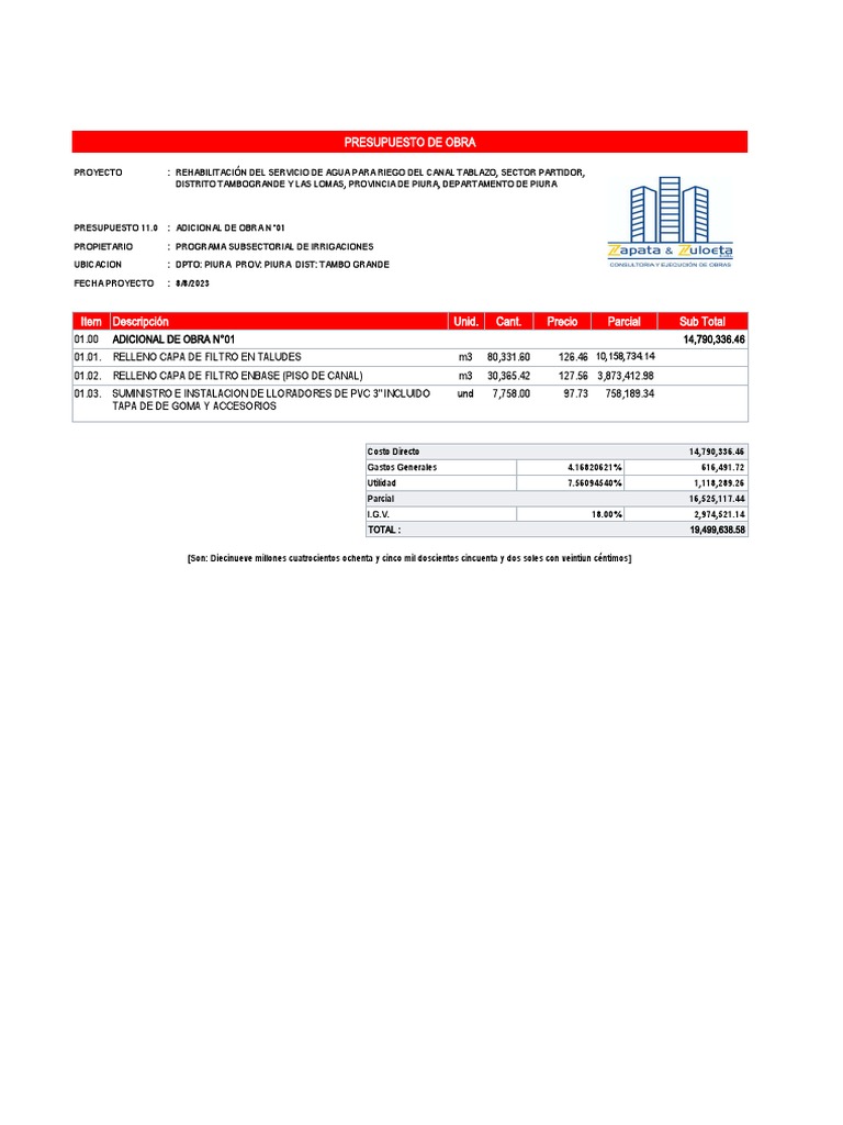 Presupuesto de Adicional de Obra #01 - Supervisión 11-08-2023 | PDF