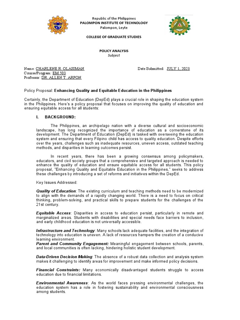 Policy Proposal for Education Reform | PDF | Evaluation | Policy