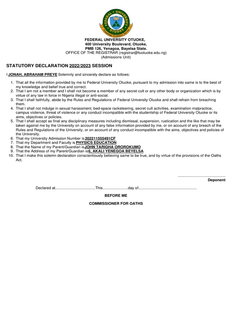 Statutory Declaration | PDF