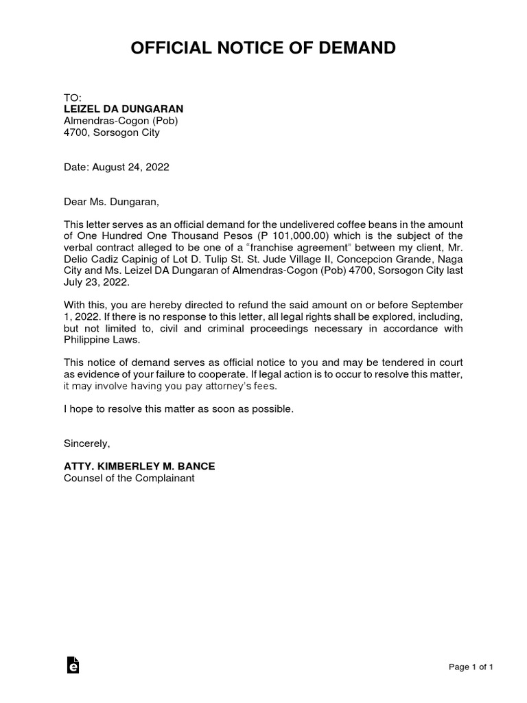 Demand Letter To Ms. Leizel Dungaran2 | PDF