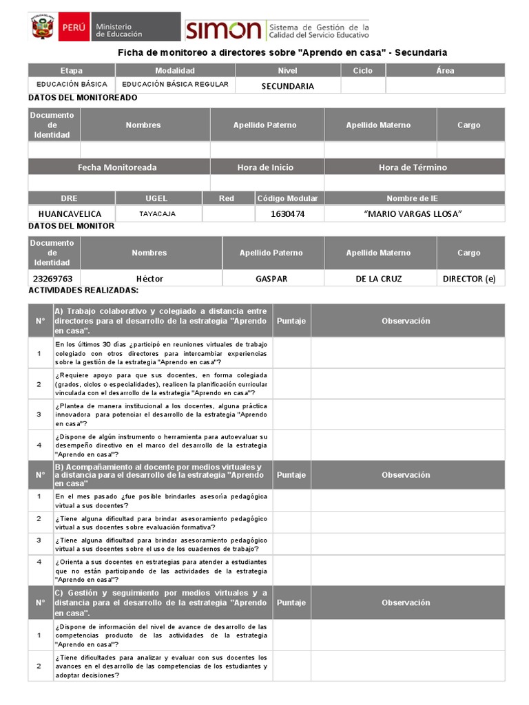 Ficha Monitoreo Simon | PDF | Enseñando | Aprendizaje