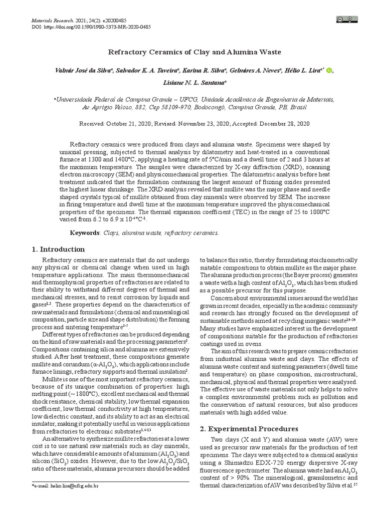 Refractory Ceramics of Clay and Alumina Waste | PDF