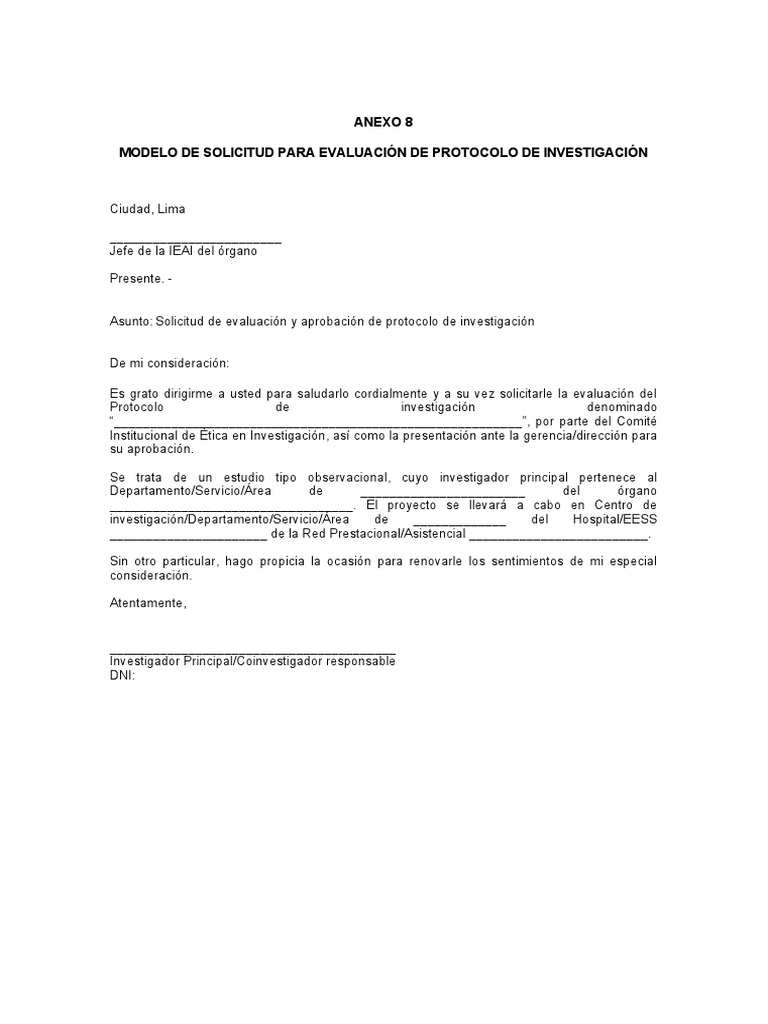 Anexo N°8 Solicitud Dirigido Al Dr. Víctor Manuel Espada Yuffra Jefe de Investigación | PDF