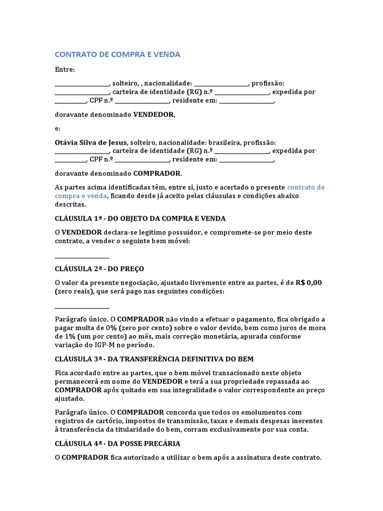 Modelo de Contrato de Compra e Venda Simples para Word para Preencher ...