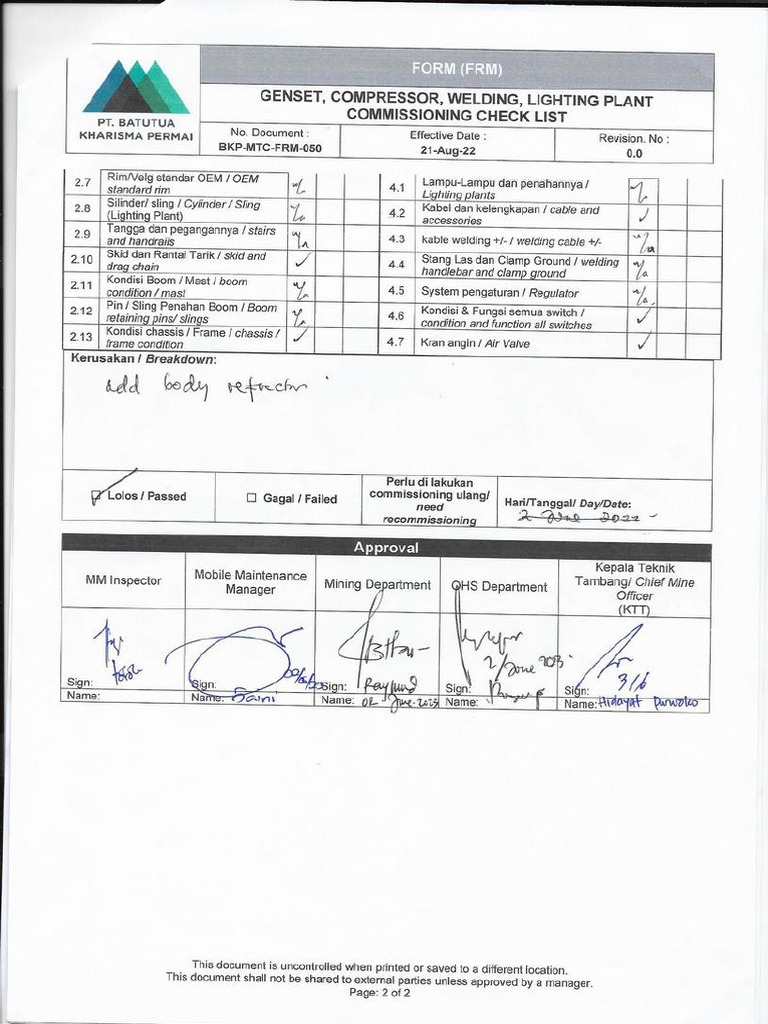 Form Genset Omisioning BMP 001 | PDF