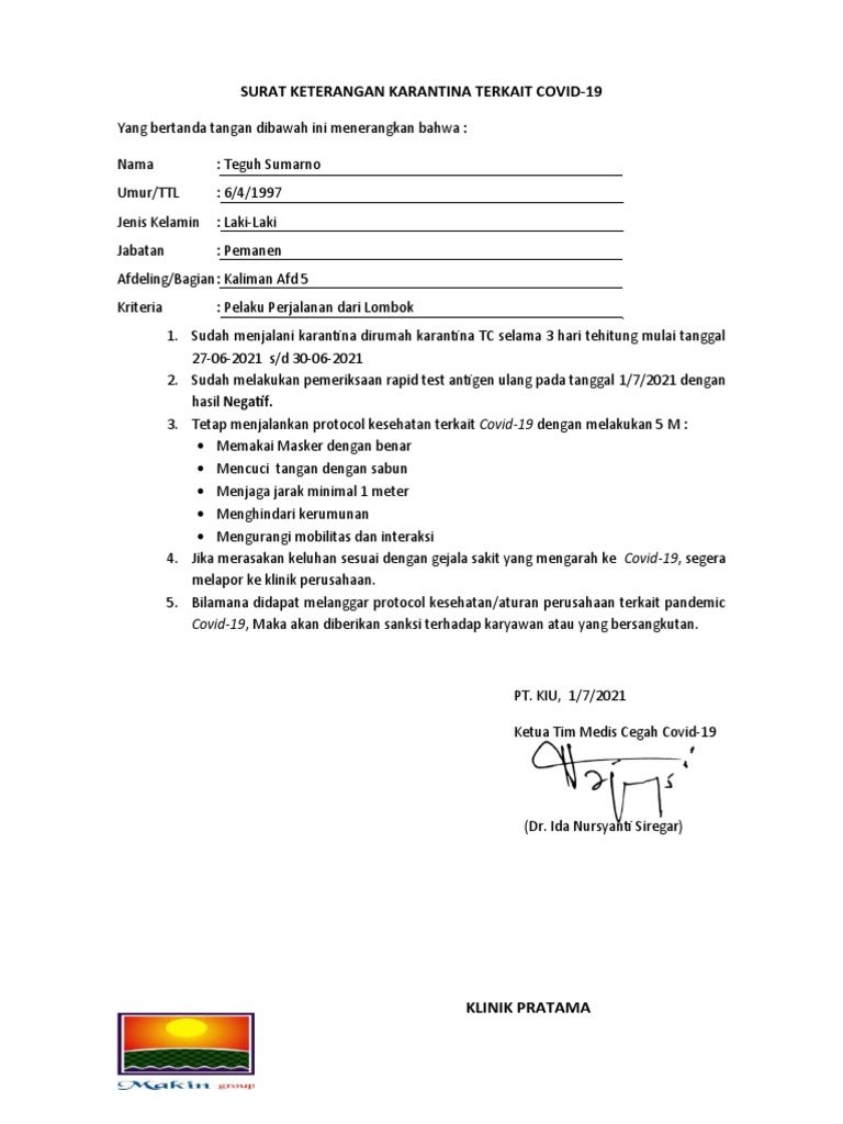 Surat Selesai Karantina | PDF