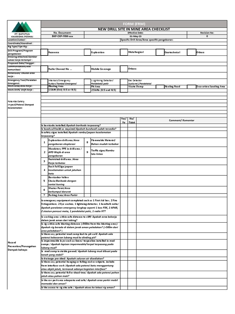 New Drill Pad Checklist - Mining Area Template | PDF