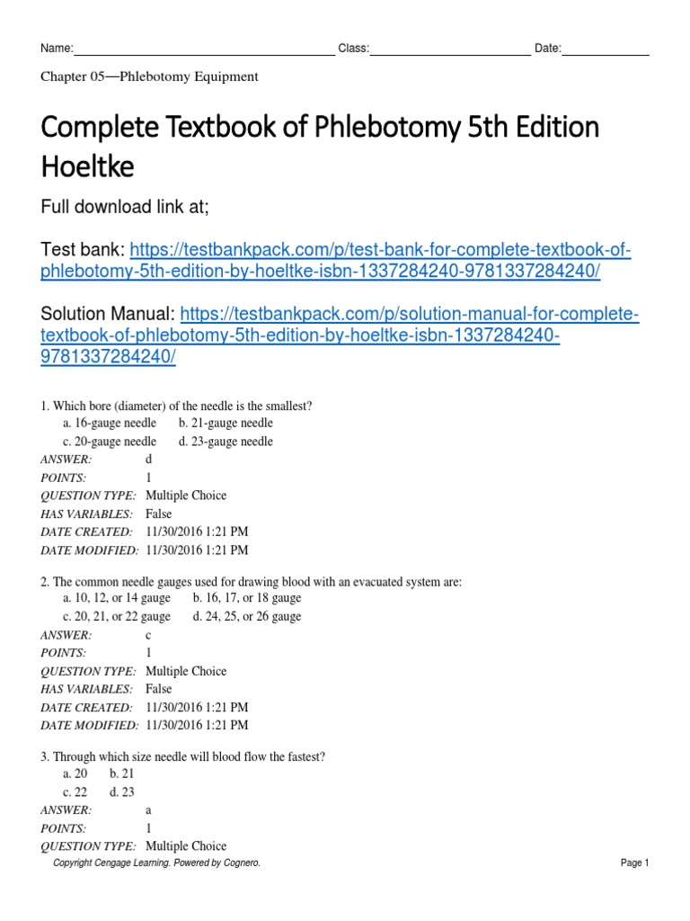 Complete Textbook of Phlebotomy 5th Edition Hoeltke Test Bank Download ...
