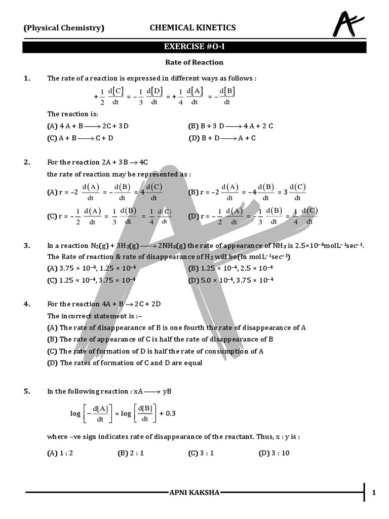 Sheet - 01 - Chemical Kinetics Exercise | PDF