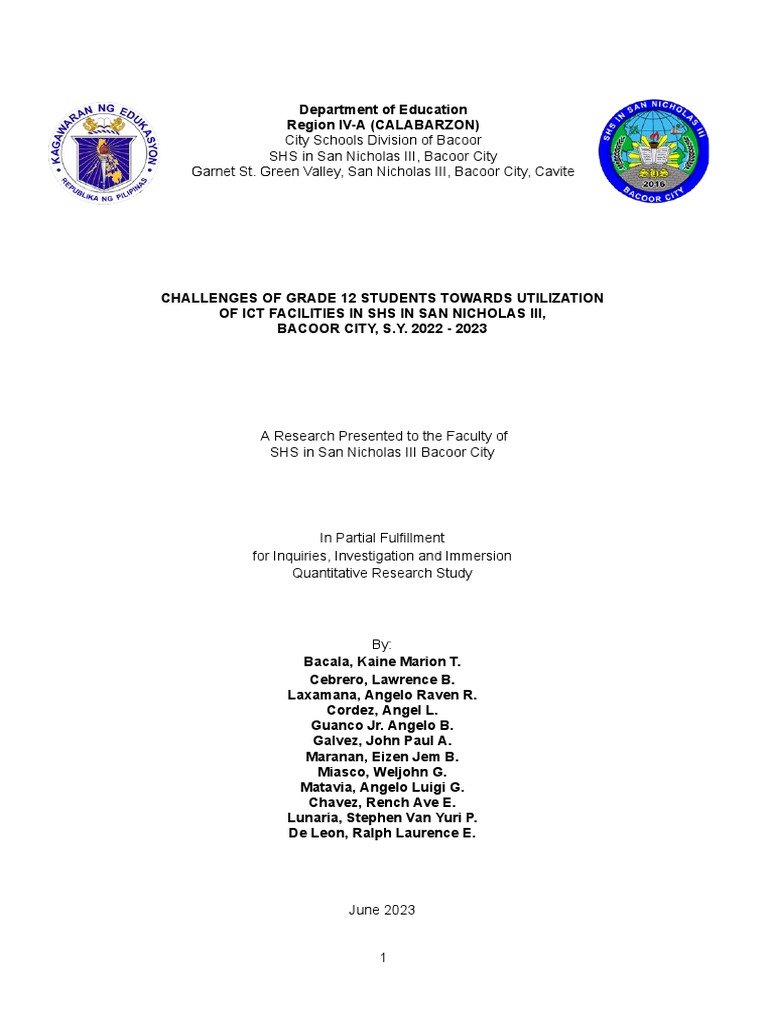 Challenges of G12 Students Towards Utilization of ICT Facilites in SHS ...