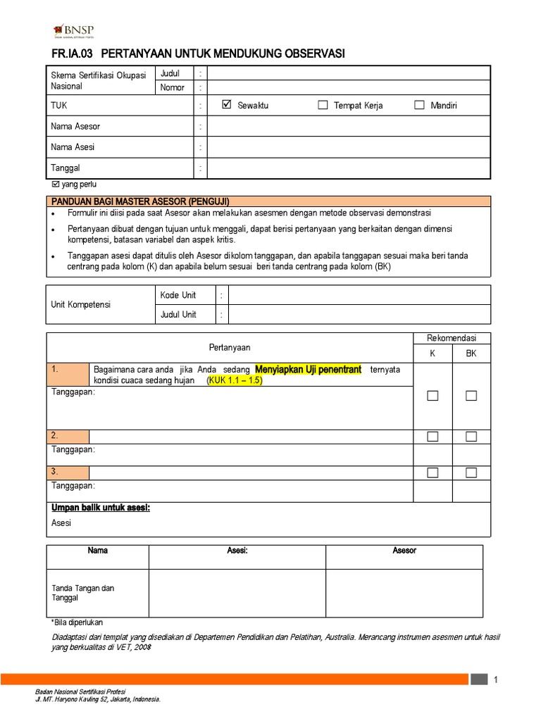 05 - FR - Ia.03 Pertanyaan Untuk Mendukung Observasi | PDF