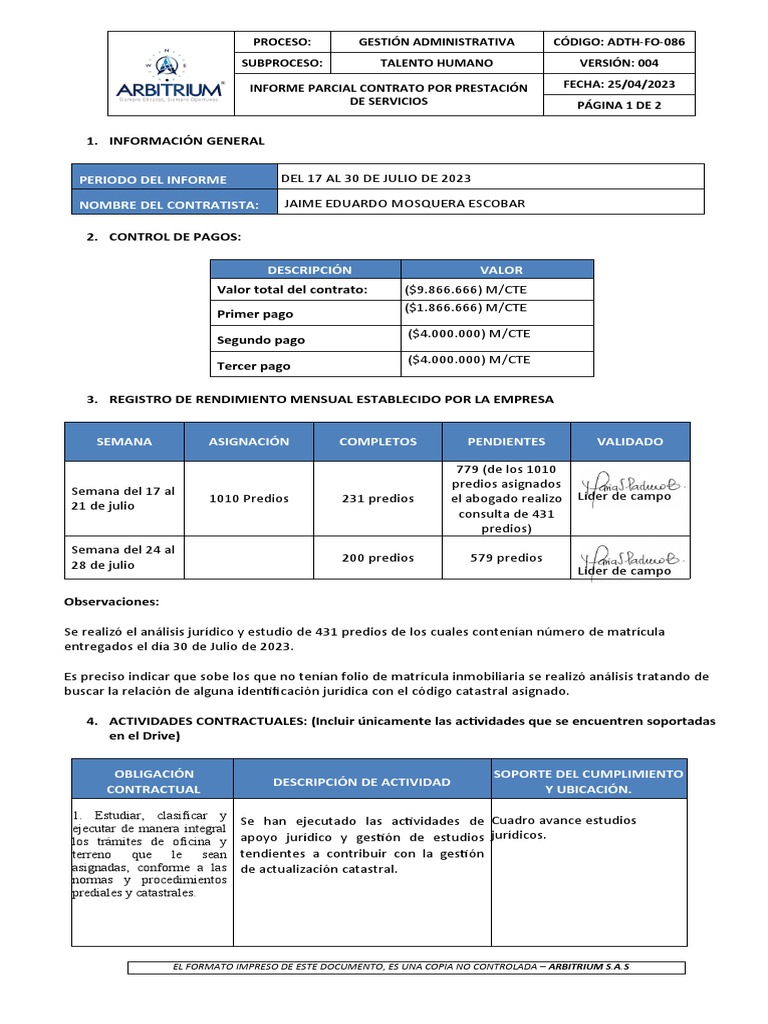 Adth-Fo-086 Informe Parcial Ops v4 Jaime Mosquera | PDF