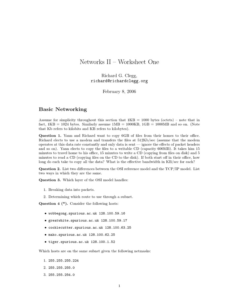 Networking Concepts and Calculations Worksheet | PDF