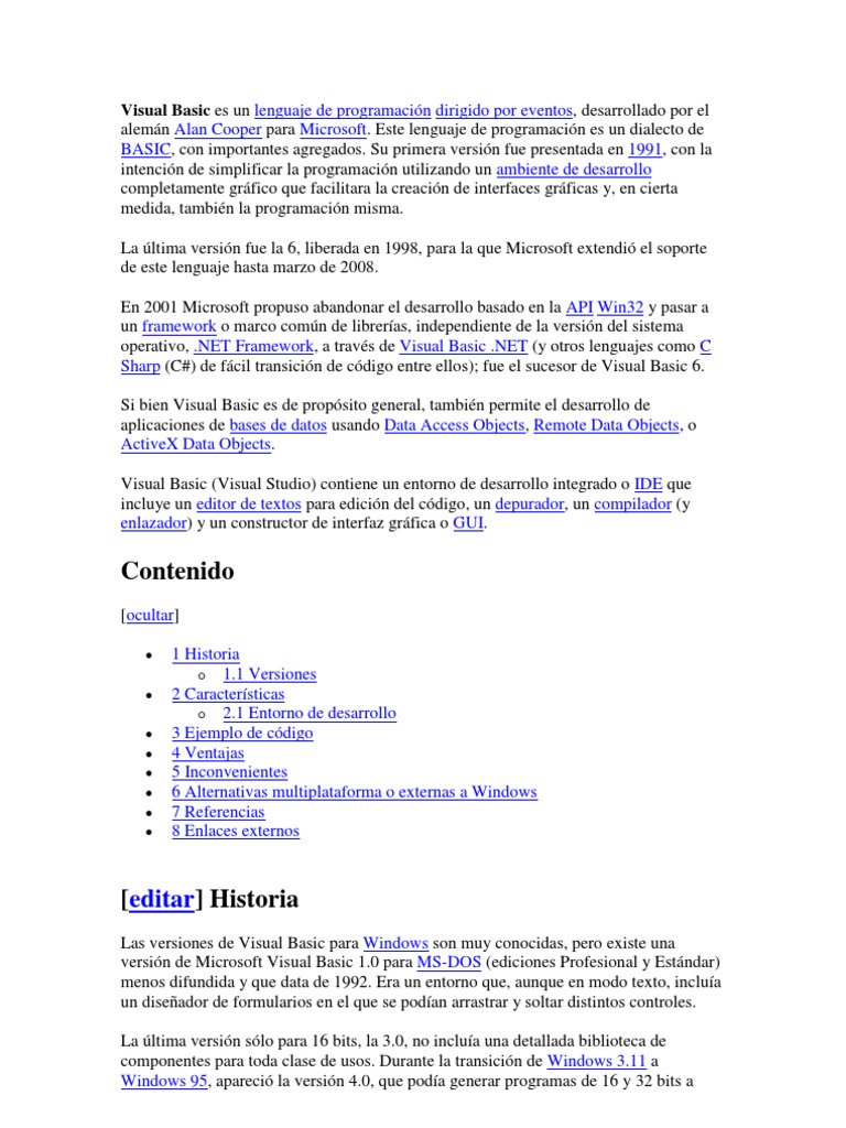 Historia y Evolución de Visual Basic | PDF | Básico | Microsoft