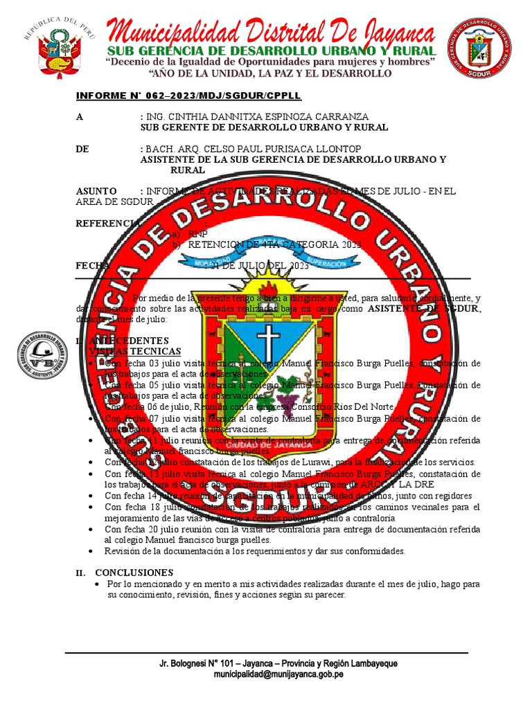 Informe #062-2023-Mdj-Sgdur-Cppll - Informe de Actividades Julio | PDF