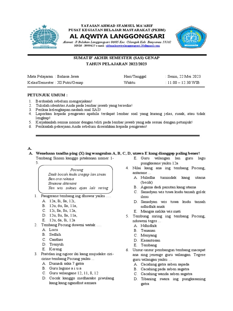 SAS Genap B. Jawa 2023 Kelas XI Pi | PDF