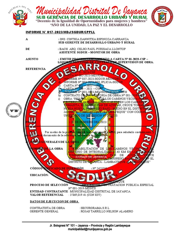 Informe #017-2023-Mdj-Sgdur-Cppll - Libre | PDF
