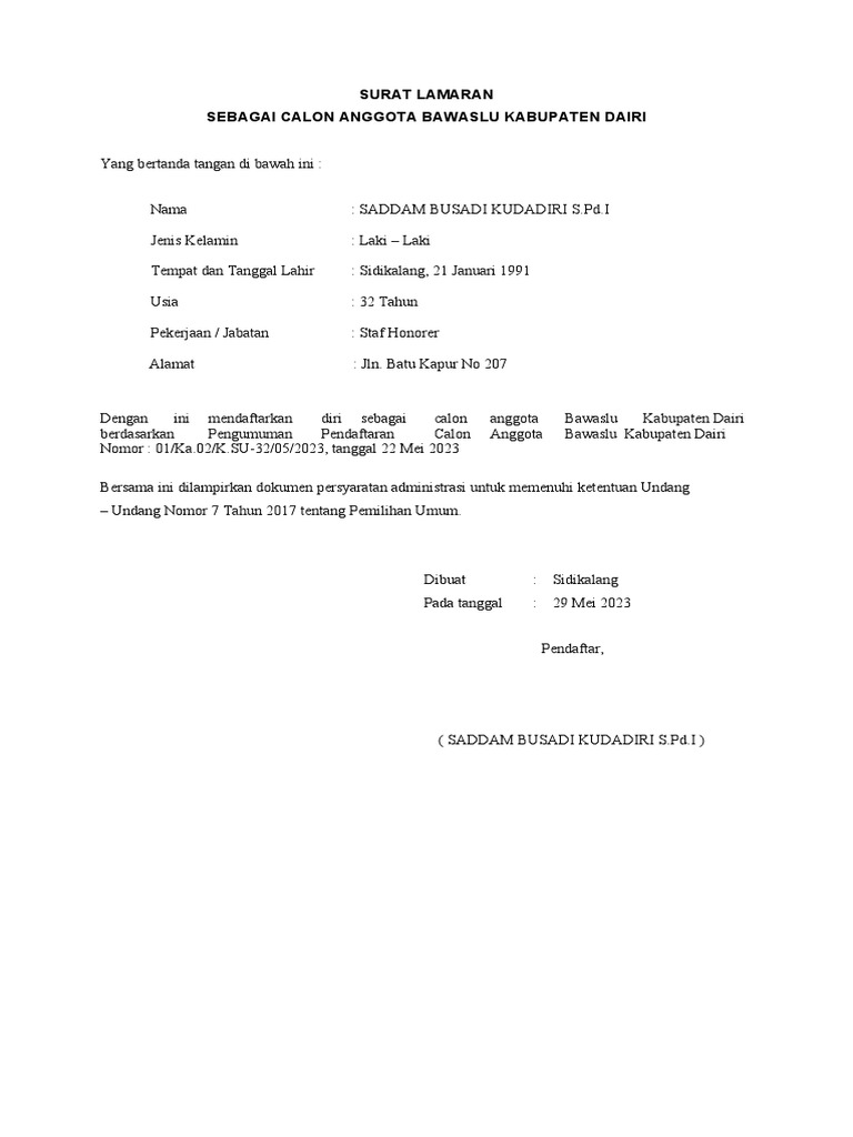 Lamaran Bawaslu Dairi: Saddam Kudadiri | PDF