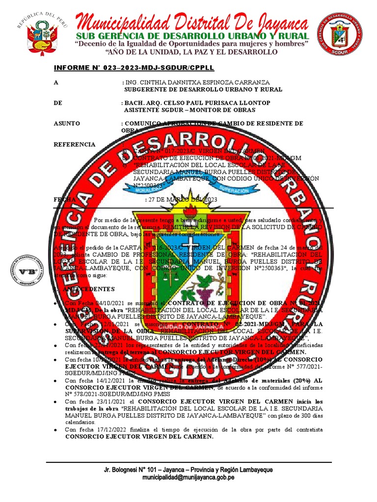 Informe #023-2023-Mdj-Sgdur-Cppll - Emitir Informe A Renuncia de Residente CVC | PDF | Regulación