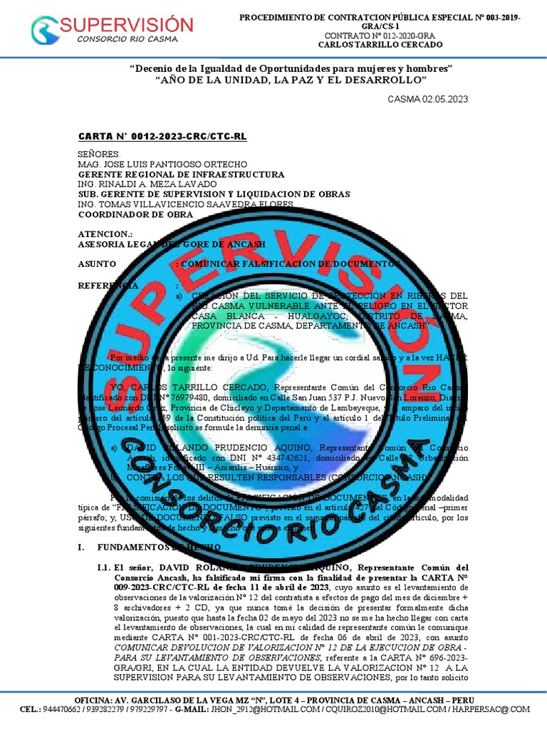 Carta #012-2022-CRC - CTC.RL - Comunicar Falsificacion de Documentos ...