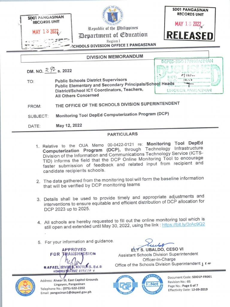 DM242s2022-Monitoring Tool DepEd Computerization Program (DCP)_0001 | PDF