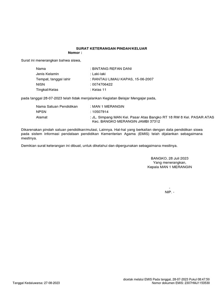 Mutasi Keluar - Surat Keterangan - BINTANG REFAN DANI | PDF