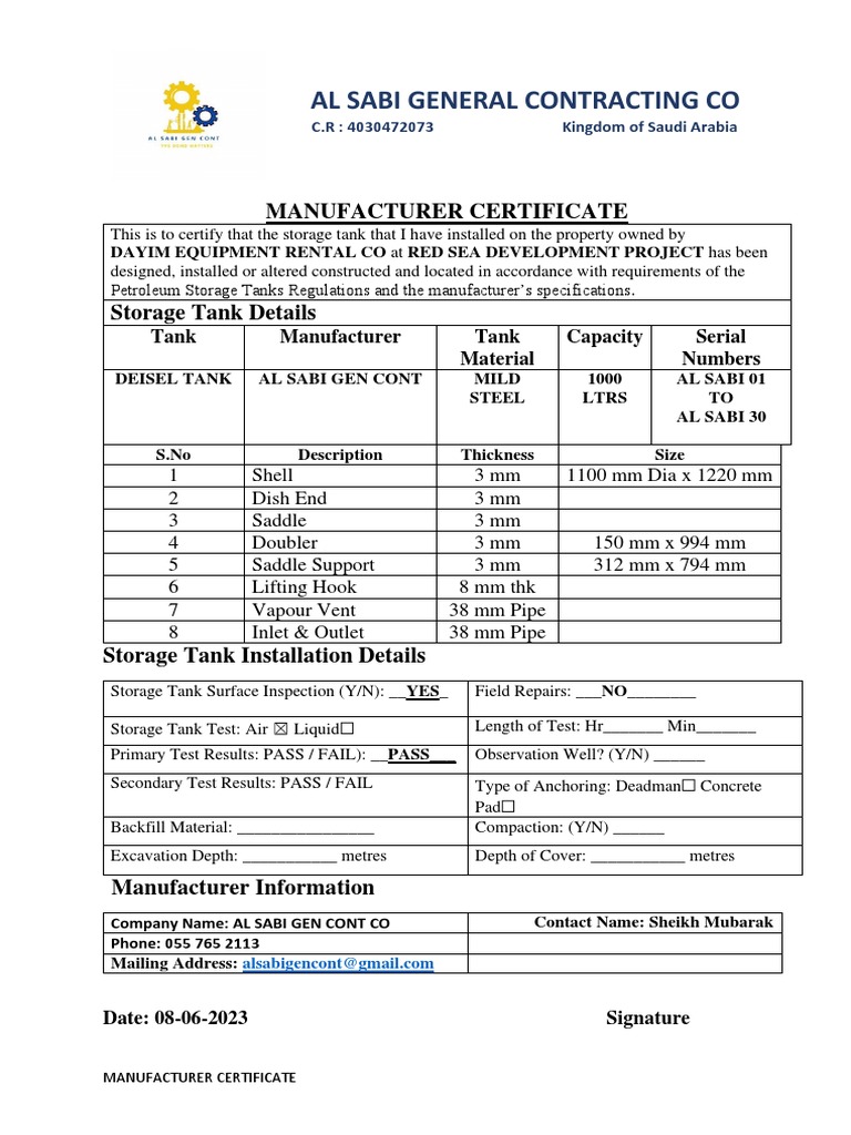 Manufacturing Certificate | PDF